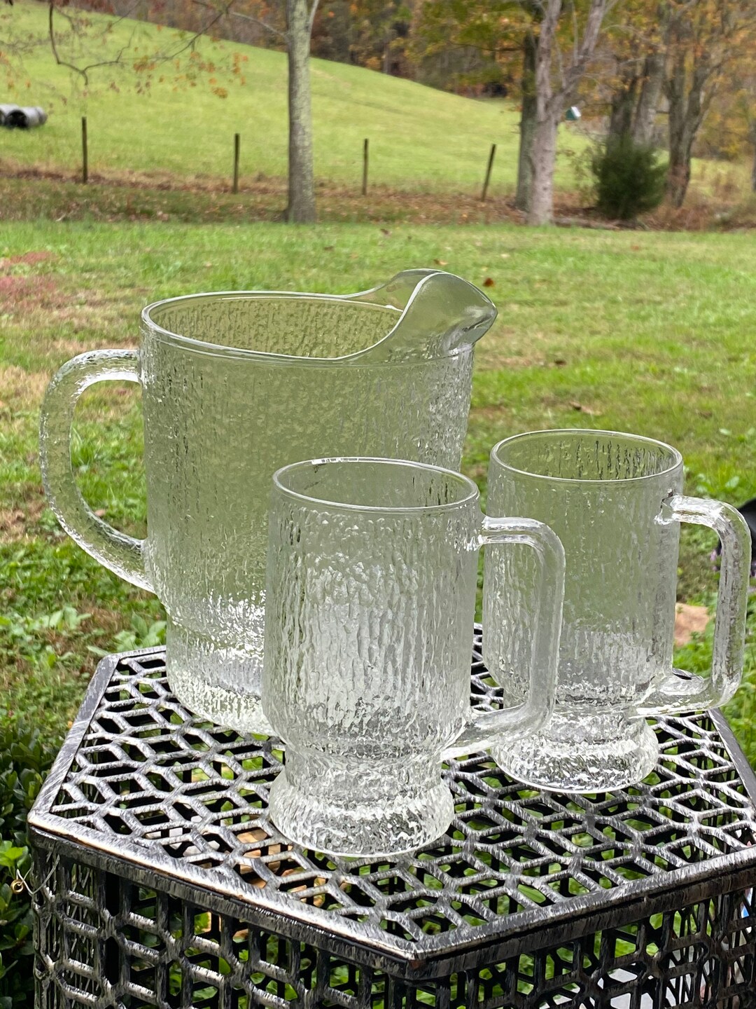 Vintage Indiana Glass Pitcher and Two Mugs in the Crystal Ice Pattern ...