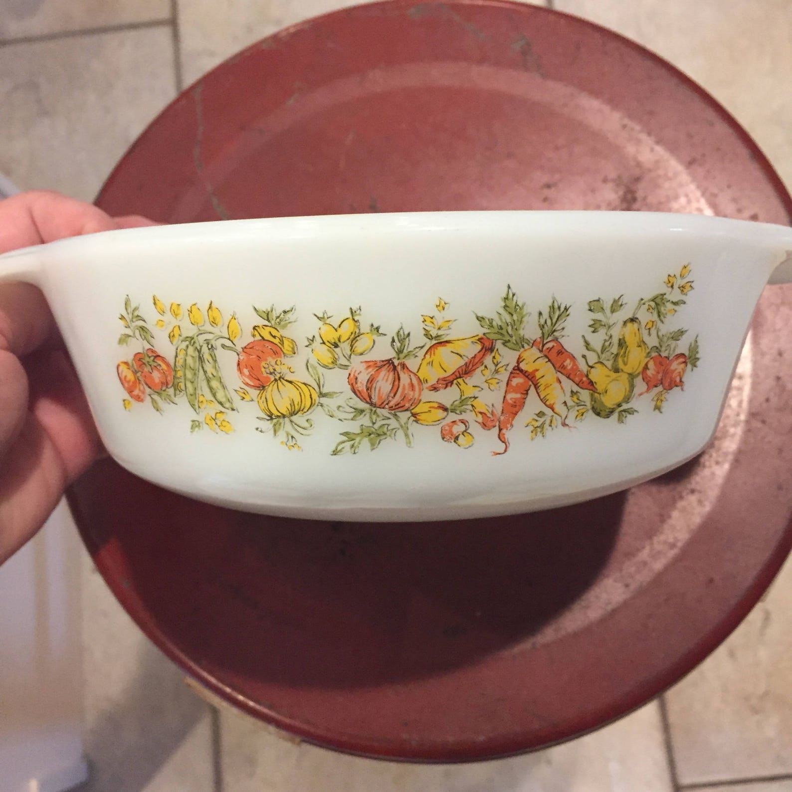 Vintage Fire King Casserole Dish, Milk Glass Vegetable Harvest Pattern ...