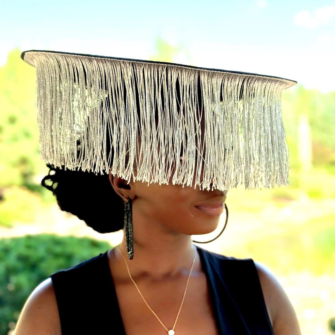 Black Flat Hat Fascinator/wide Brim Hat/fringe Hat/ Black Hat/silver ...