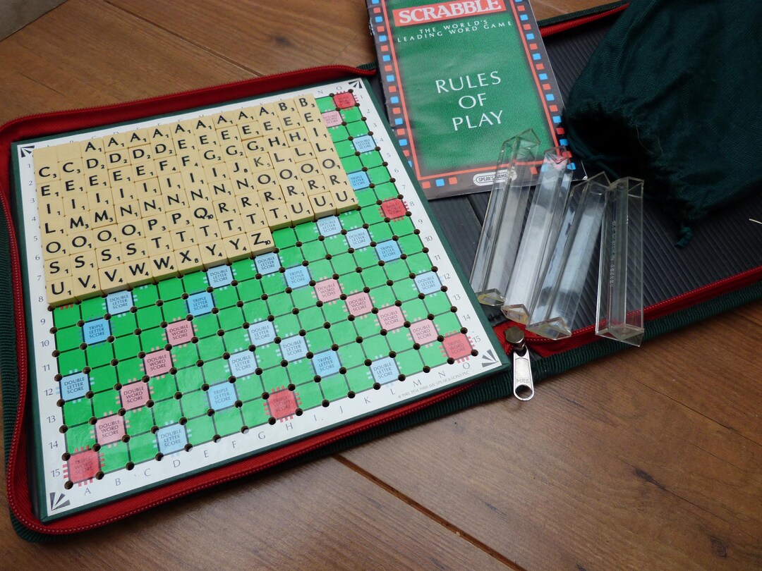 Vintage Travel Scrabble Set, Peg Tiles and Board in Folding Red Zipped ...
