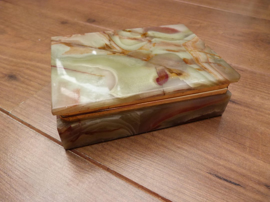 Vintage Onyx Trinket Box Green Figured Onyx Marble Hinged 5 Inch Stone ...