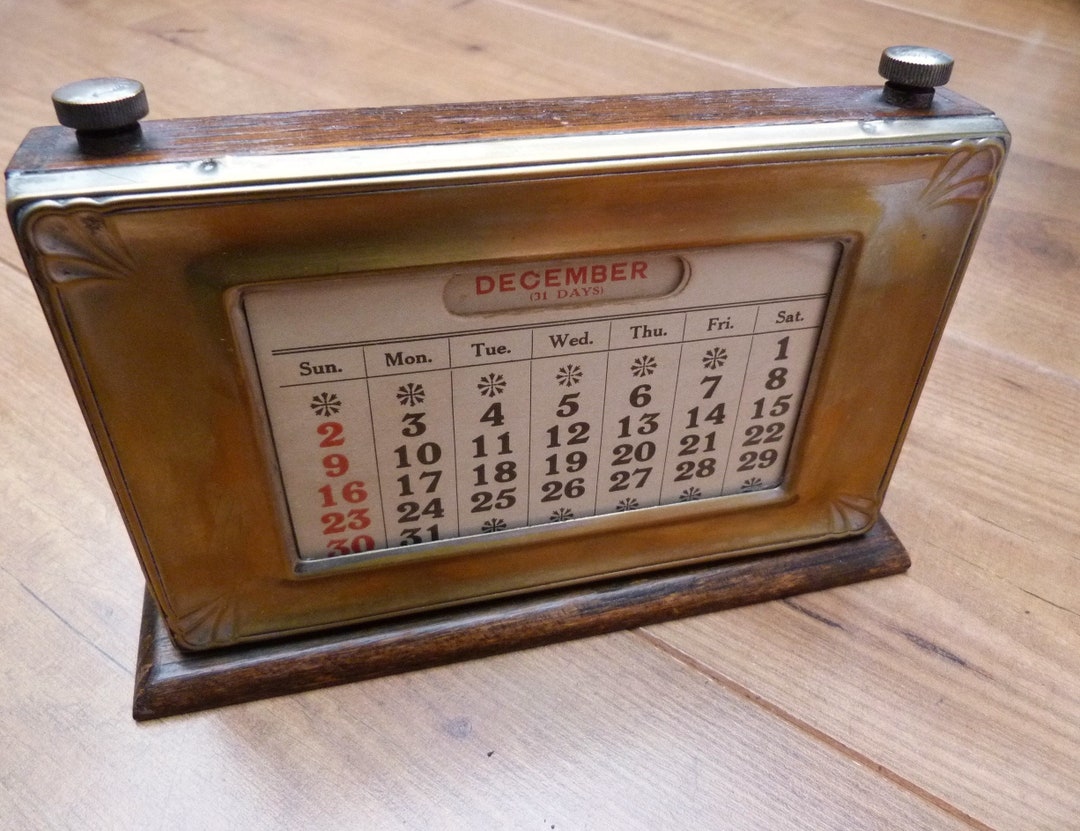 Vintage 1920s Perpetual Calendar Desk Calendar Oak Wood and Metal Large ...