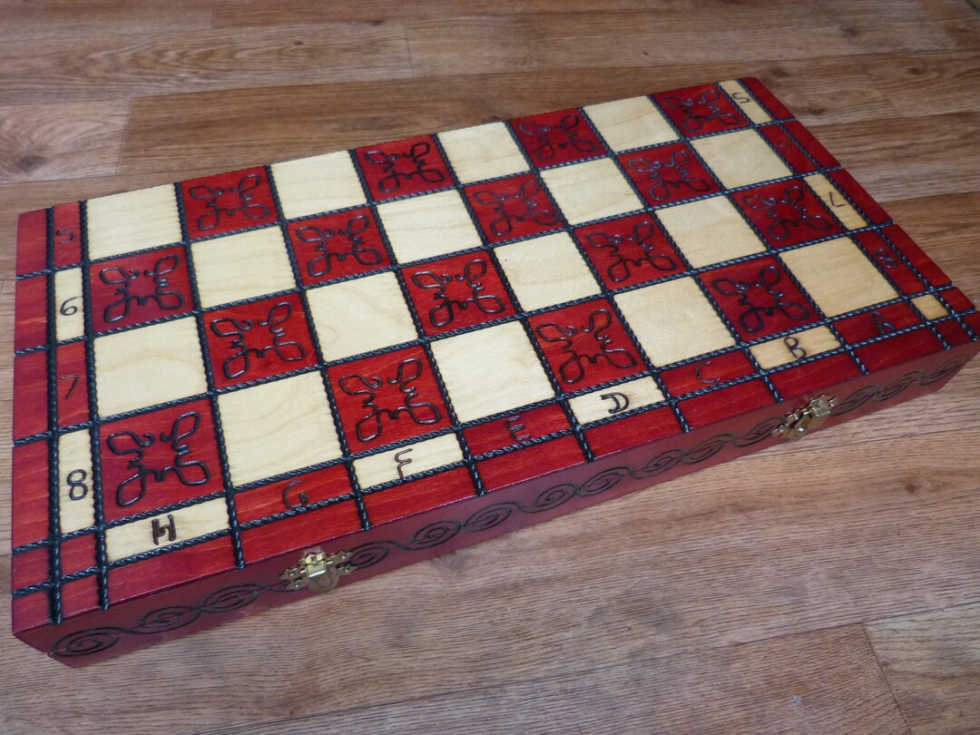 Vintage Red Chess Set in Wooden Folding Board 17 Inch Square Hand Made ...