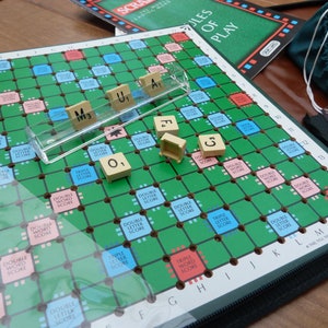 Vintage Travel Scrabble Set Peg Tiles and Board in Folding Zipped Case ...