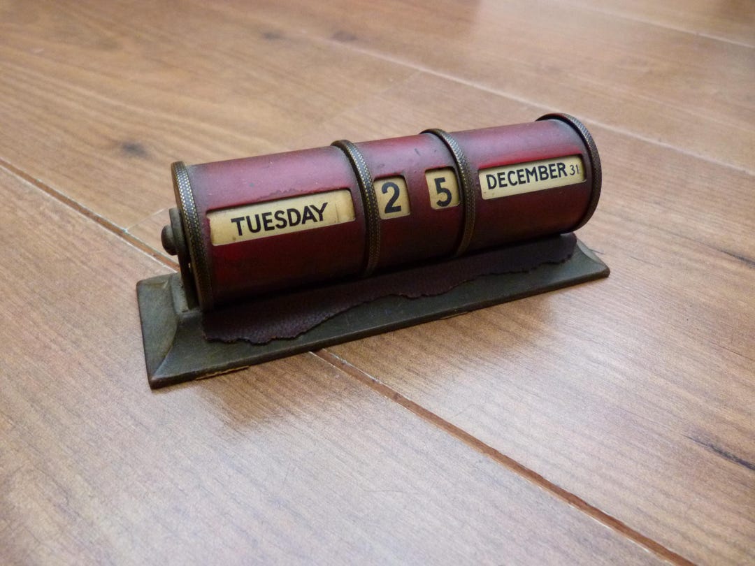 Vintage Brass Perpetual Calendar Red Cylindrical Barrel Style Leather ...