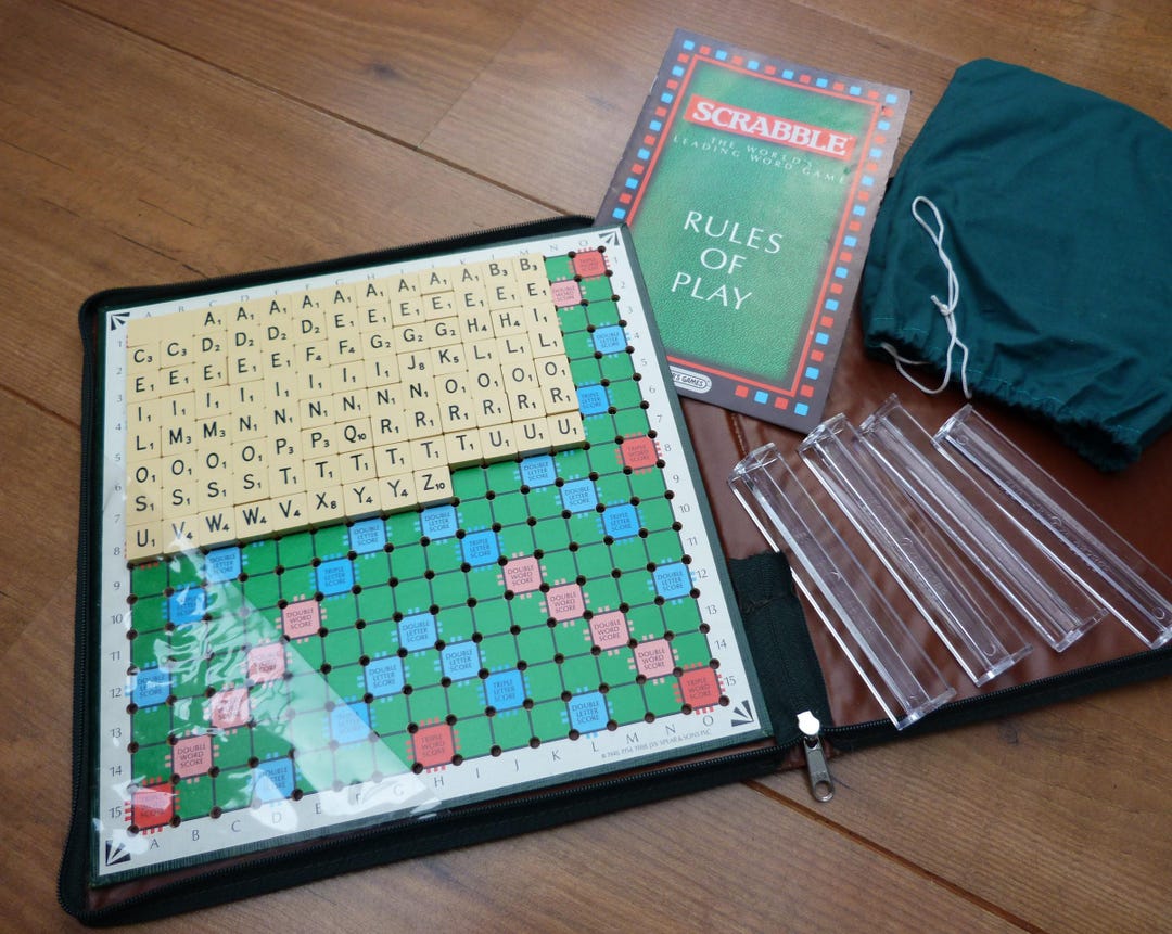 Vintage Travel Scrabble Set Peg Tiles and Board in Folding Zipped Case ...