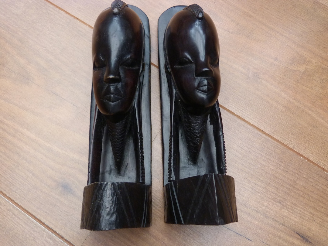 Pair African Head Carved Wooden Bookends Vintage Black Wood Ethnic 9 ...
