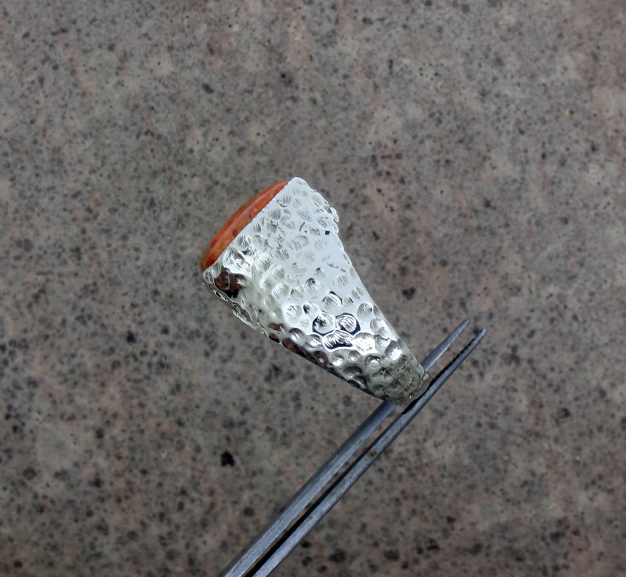 Sponge Coral Ring, Red Coral Ring, Hammered Silver Ring, 925 Sterling ...
