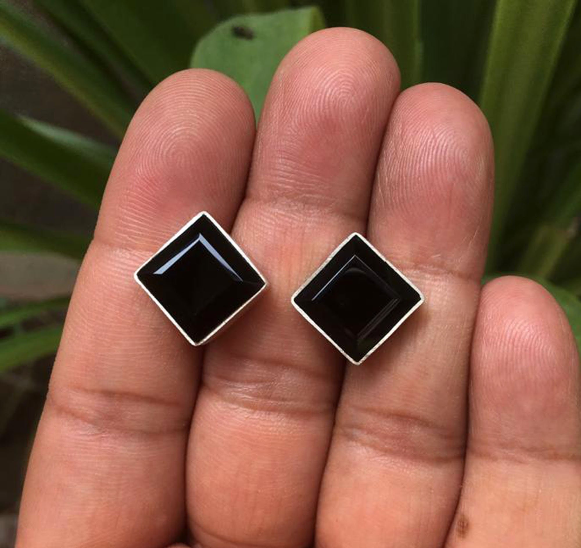 JaipursilverjewIndia Black Onyx Studs Faceted Square Natural Black Onyx 11mm Big Gemstone 925 Sterling Silver Simple Everyday Post Earrings for Mens and Womens