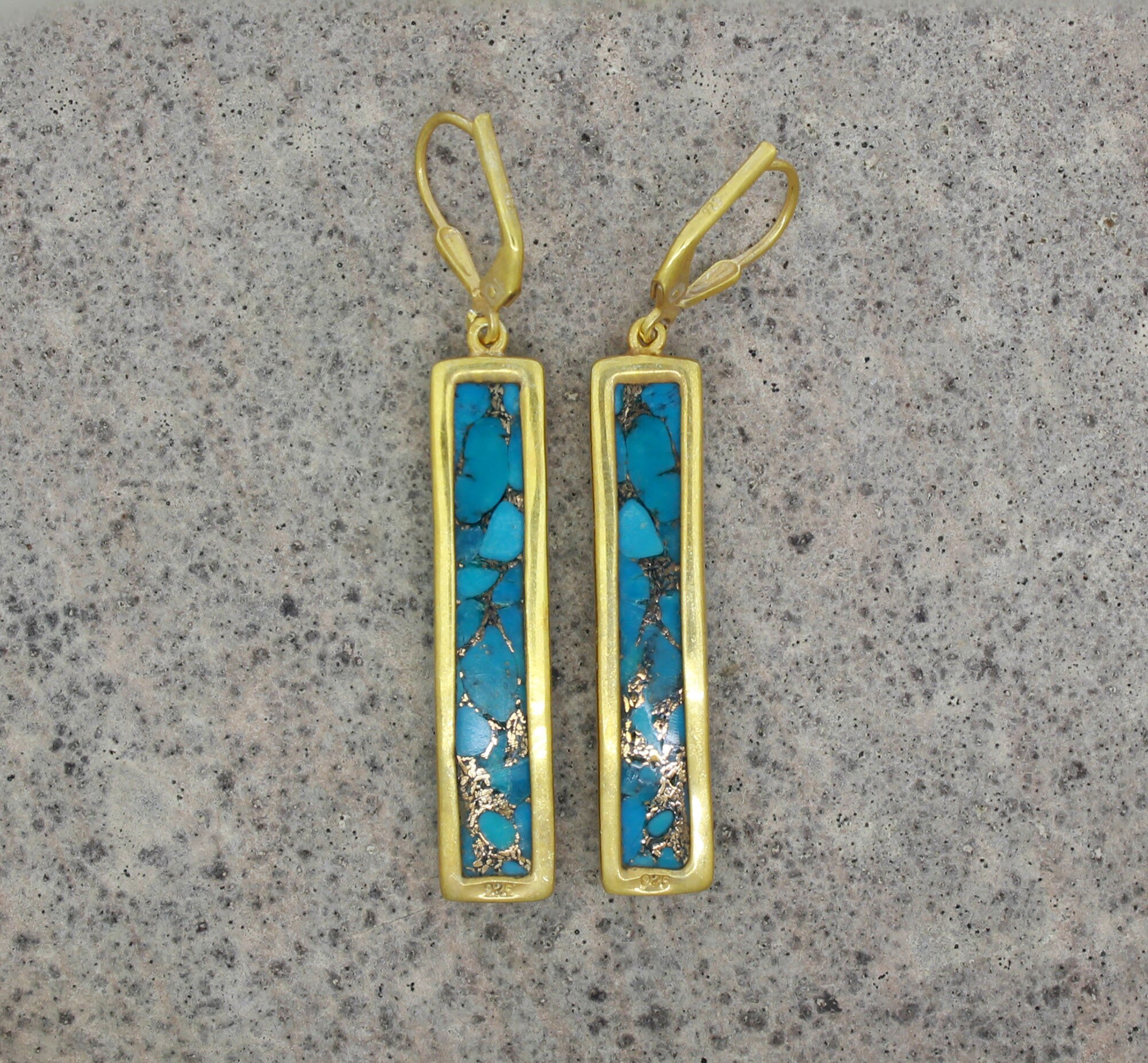 Turquoise Bar Earrings Copper Turquoise Gold Earrings Long - Etsy
