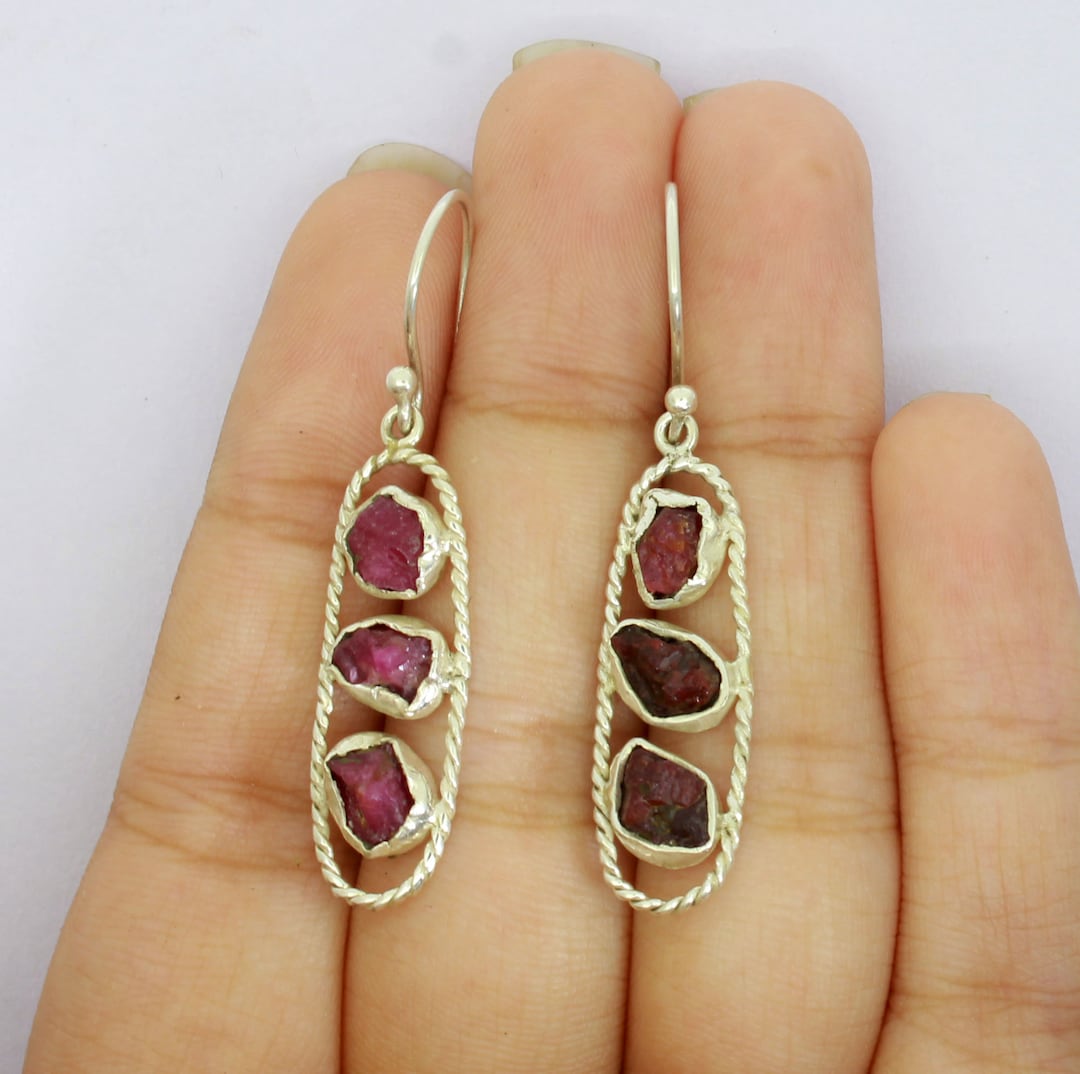 Raw Ruby Earrings, Ruby Earrings, 925 Silver Earrings, Natural Rough ...