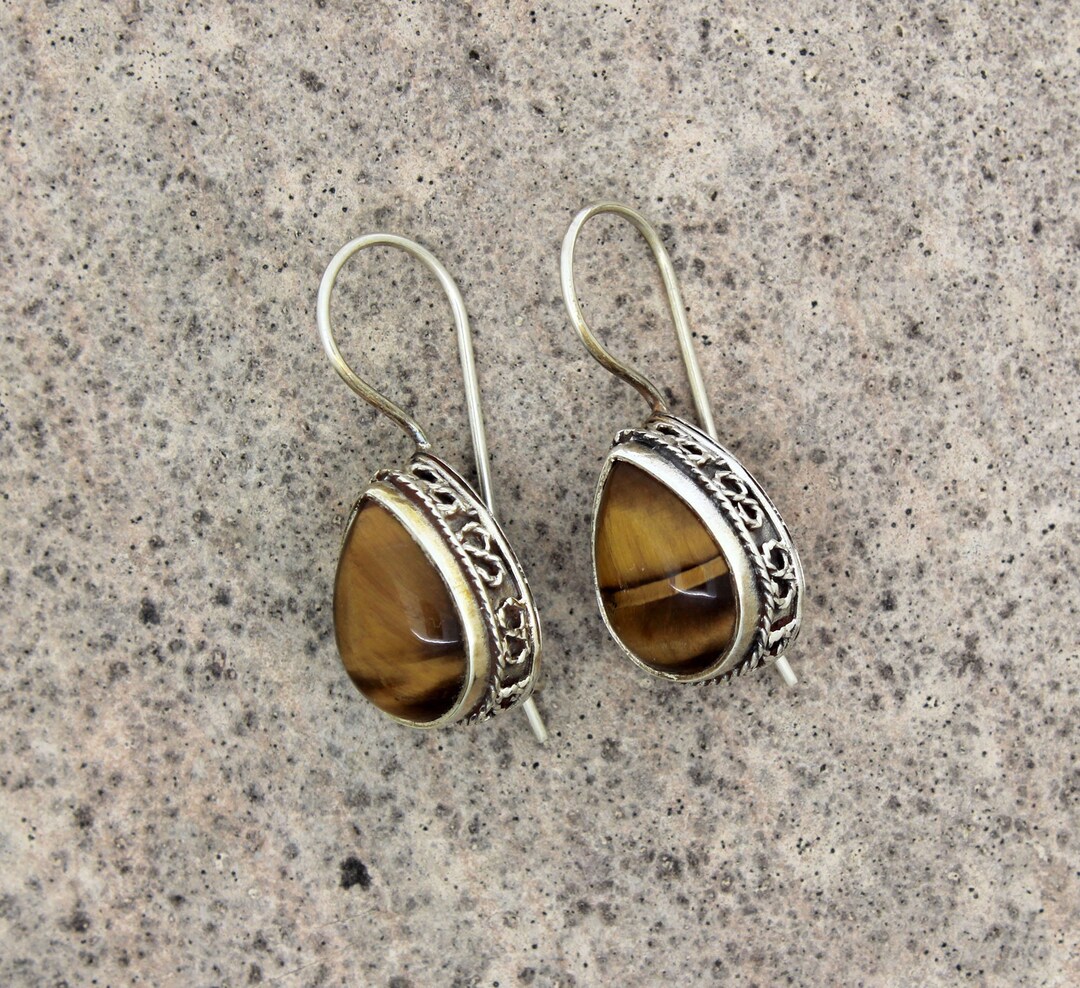 Tiger Eye Earrings, Boho Yellow Tiger Eye Teardrop Earrings, 925 ...