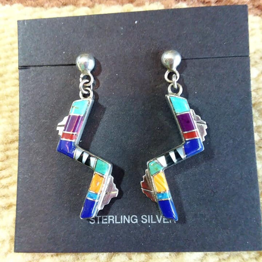 Zuni Inlay Lightning Multi Stone Shell Sterling Silver Post - Etsy