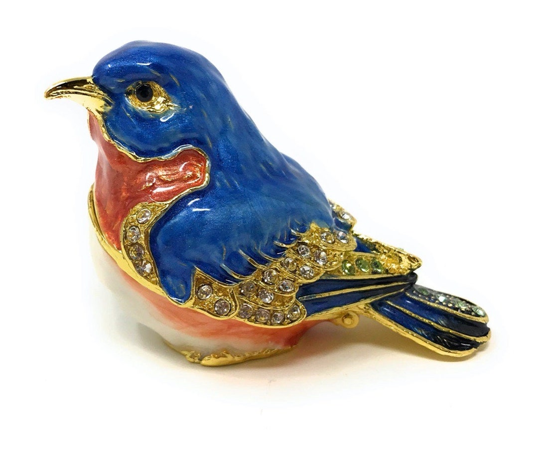 Bejeweled Enamel Blue Bird Trinket Jewelry Box Top Opens With - Etsy