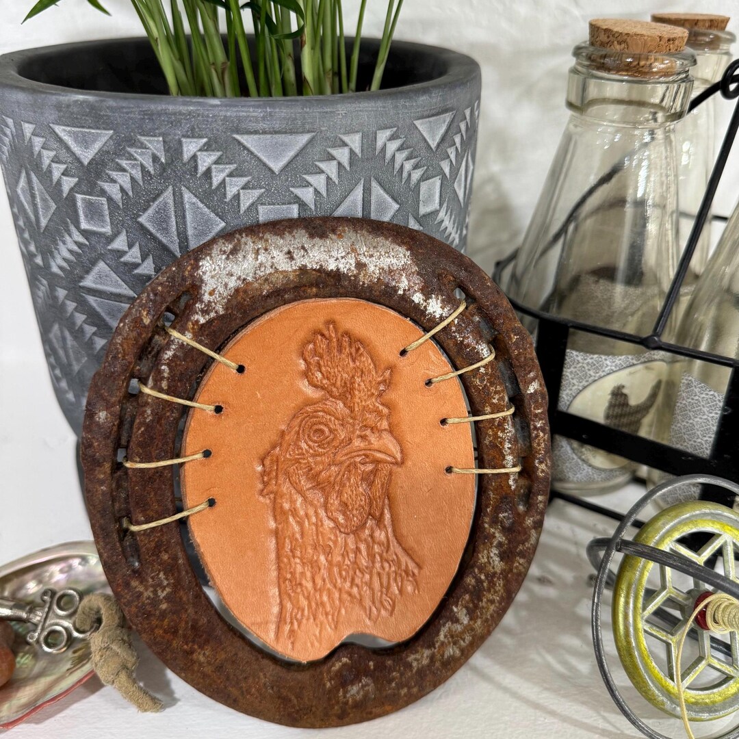 Hand Carved Leather Art chicken, Horseshoe Decor, Unique Gift, Natural ...