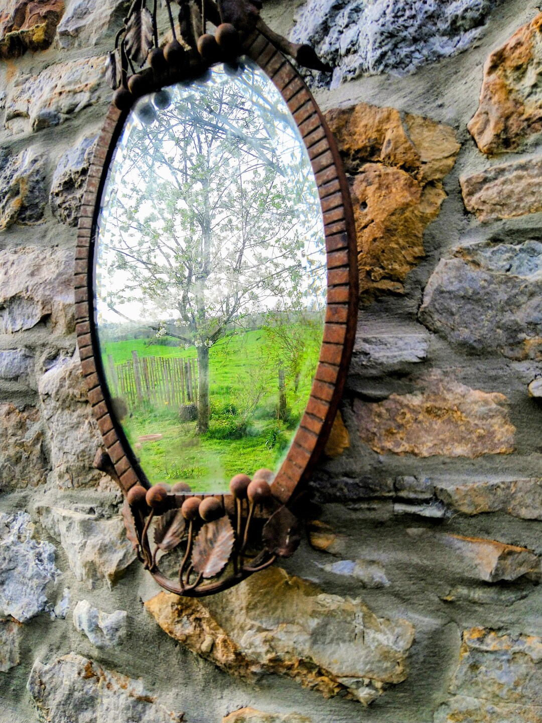 Antique Mirror With Charming Iron Decoration, Cherries, France Around ...