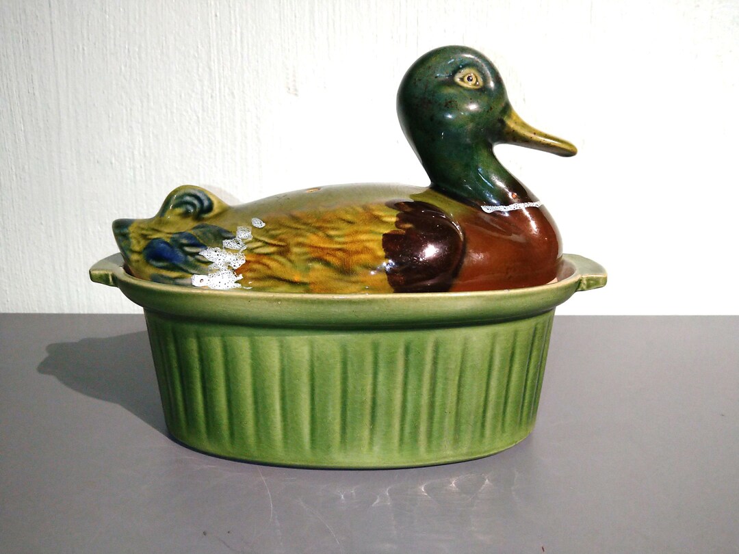 French Duck Lid Terrine, Decorative in Green, for Patés, Lard, Goose ...