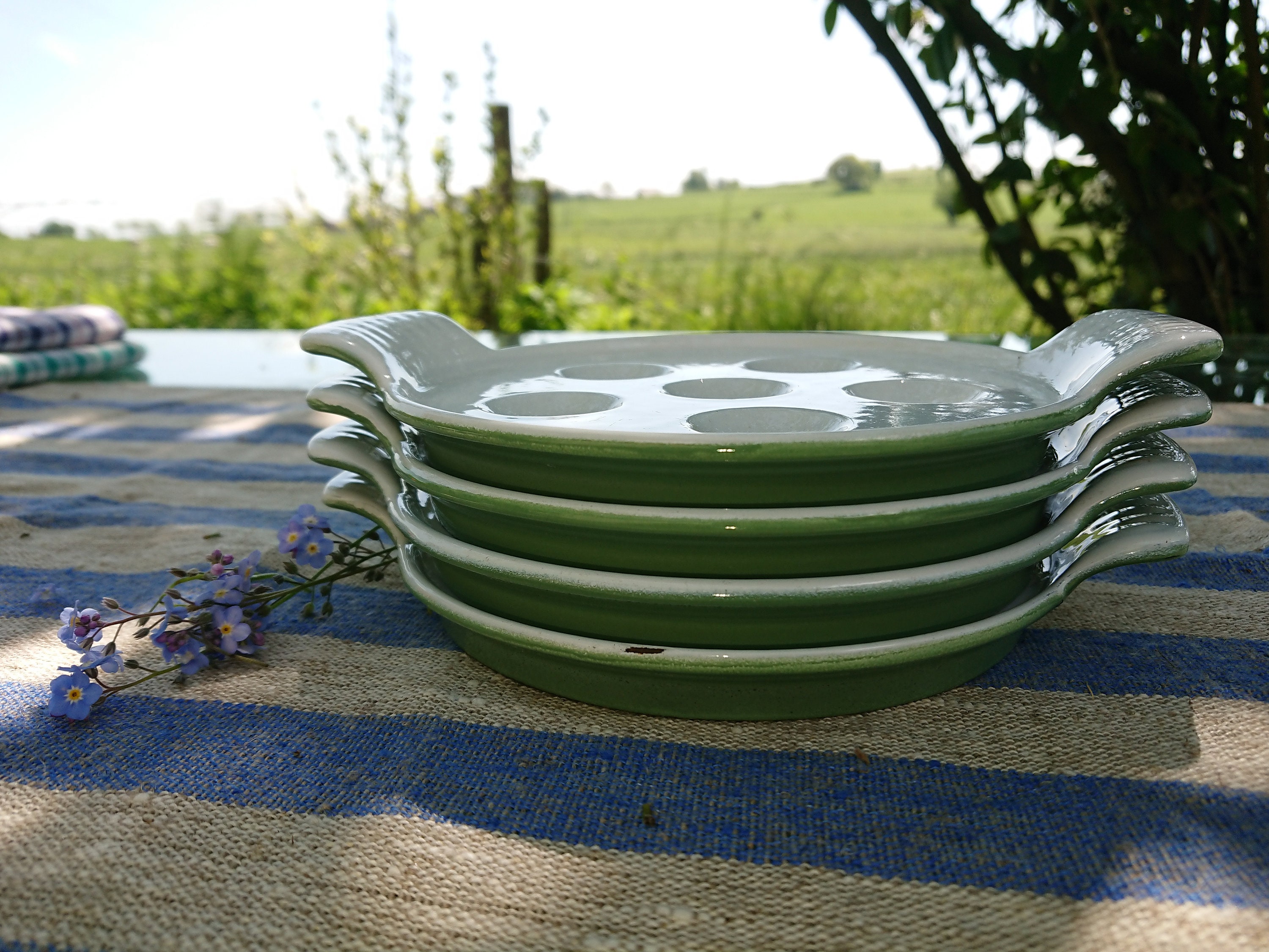 4 Cast-iron Snail Pans, Gorgeous Vintage Green, Enamelled, Lecreuset ...