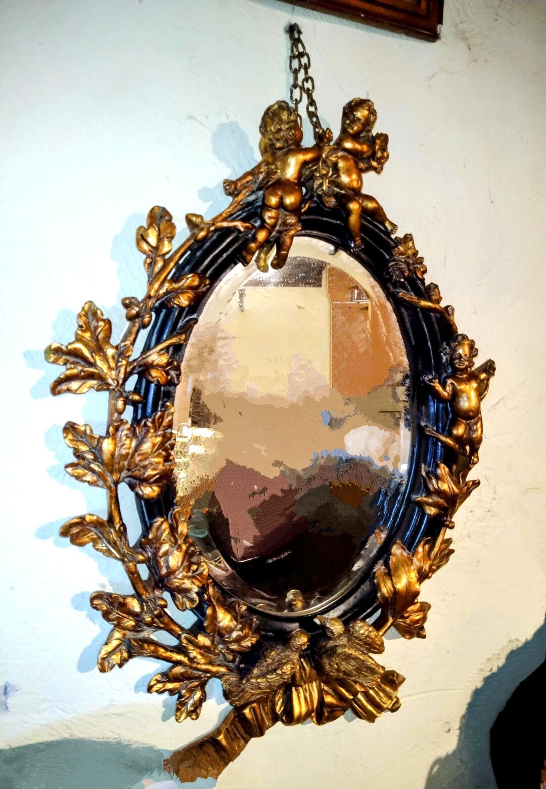 Opulent Wall Mirror With Charm. Golden Putti, Angels, Cherubs, Birds ...