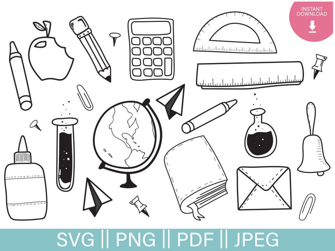 School Supplies Hand Drawn Digital Stamp and Clip-art Svg Png Jpeg and ...