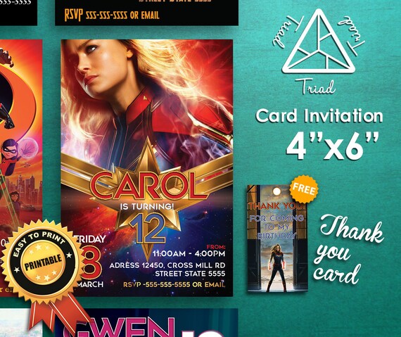 Captain Marvel Birthday Invitation Captain Marvel Invitation - Etsy