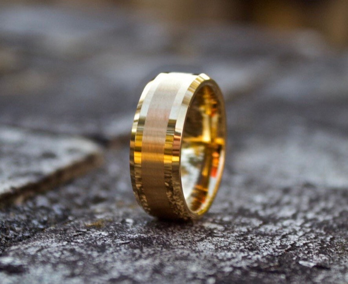 Gold Tungsten Wedding Band Brushed Gold Band Mens Wedding - Etsy