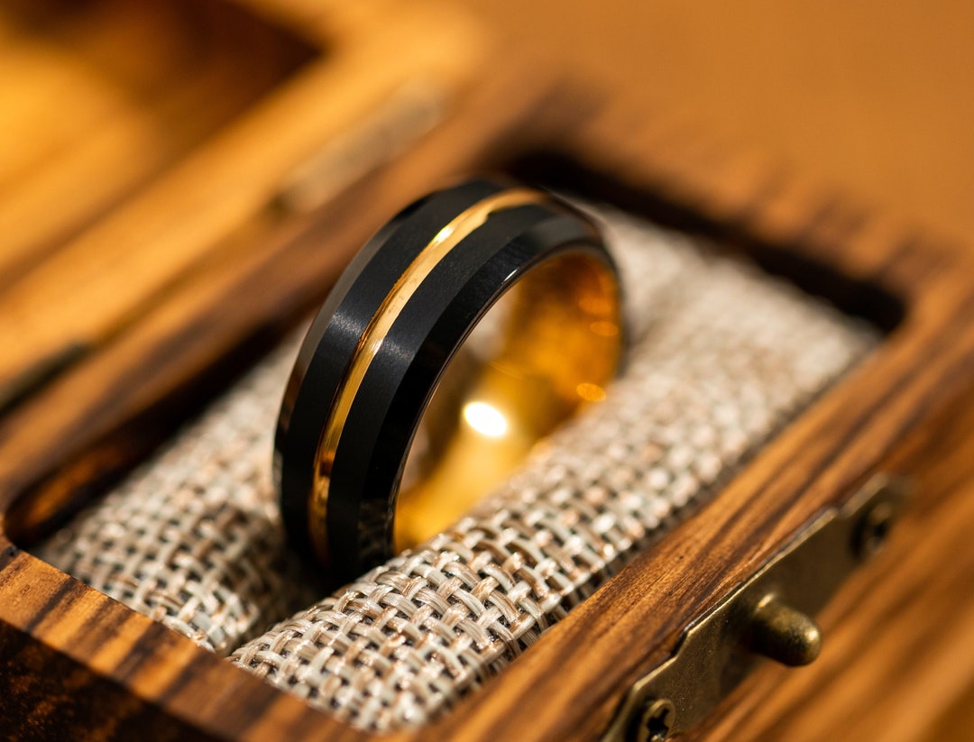 Black and Gold Wedding Band for Men, 24k Gold Tungsten Engagement Ring ...
