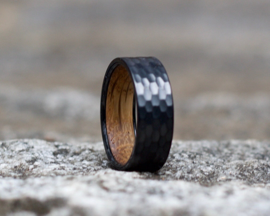 Black Hammered Wedding Ring With Charred Whiskey Barrel, Wood Ring ...