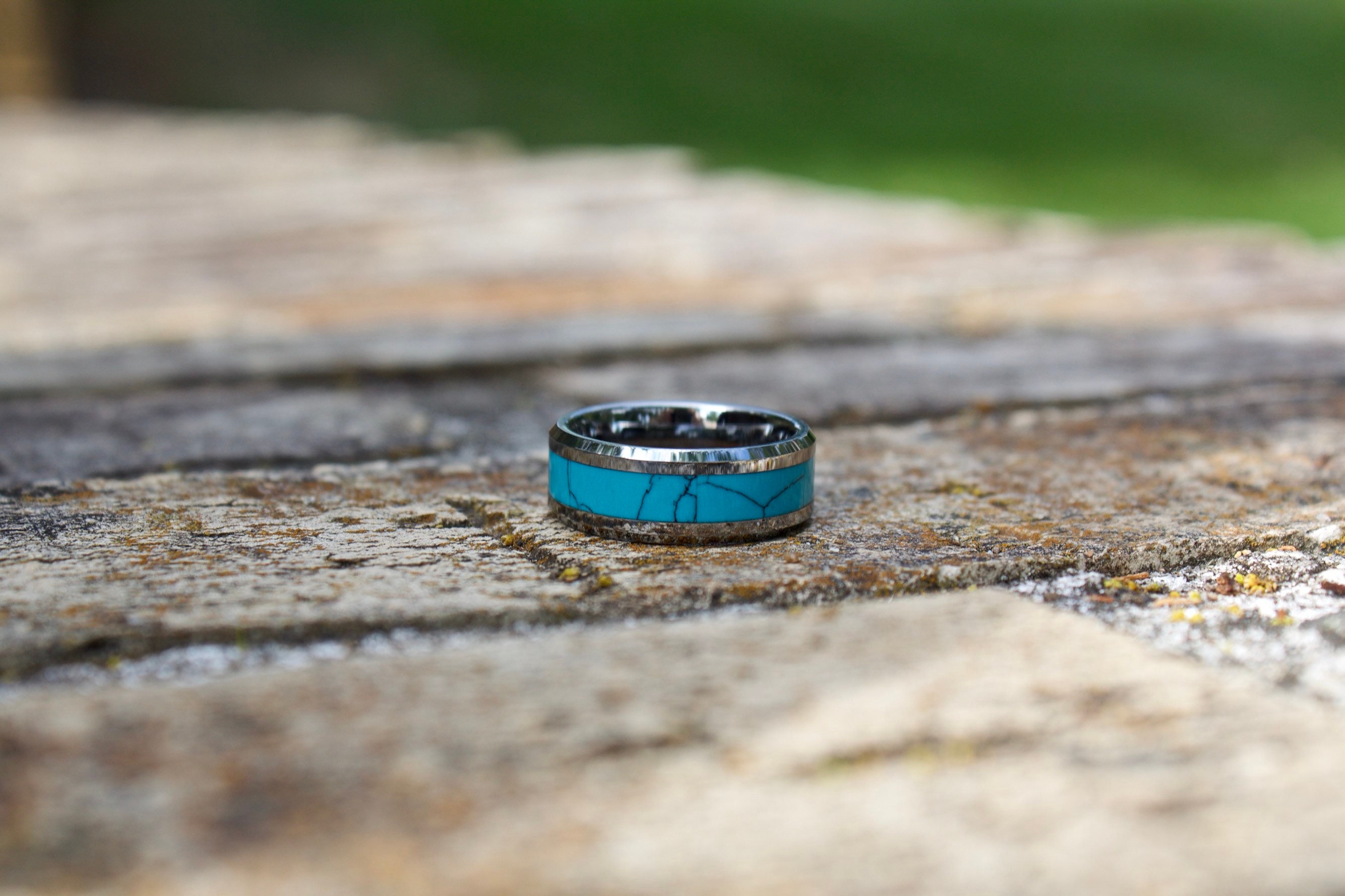 Turquoise Ring, Mens Turquoise Ring, Wood Wedding Band, Wedding Band ...