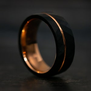 Black Wedding Rings for Men Women, 24K Rose Gold Faceted Wedding Bands ...