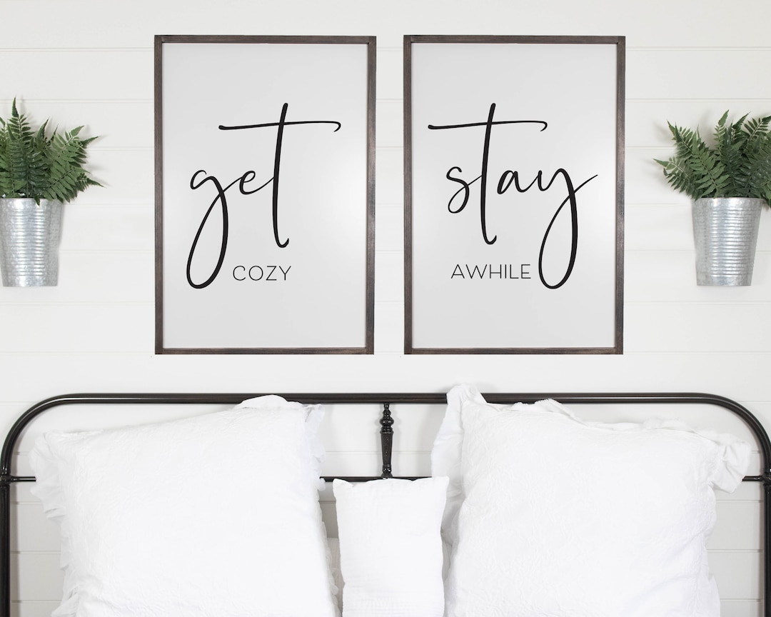 Get Cozy Stay Awhile Sign, Framed Wood Signs, Guest Room Wall Decor ...