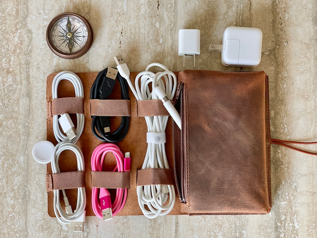 Leather Cable and Charger Organizer Bag, Handmade Cord Organizer ...