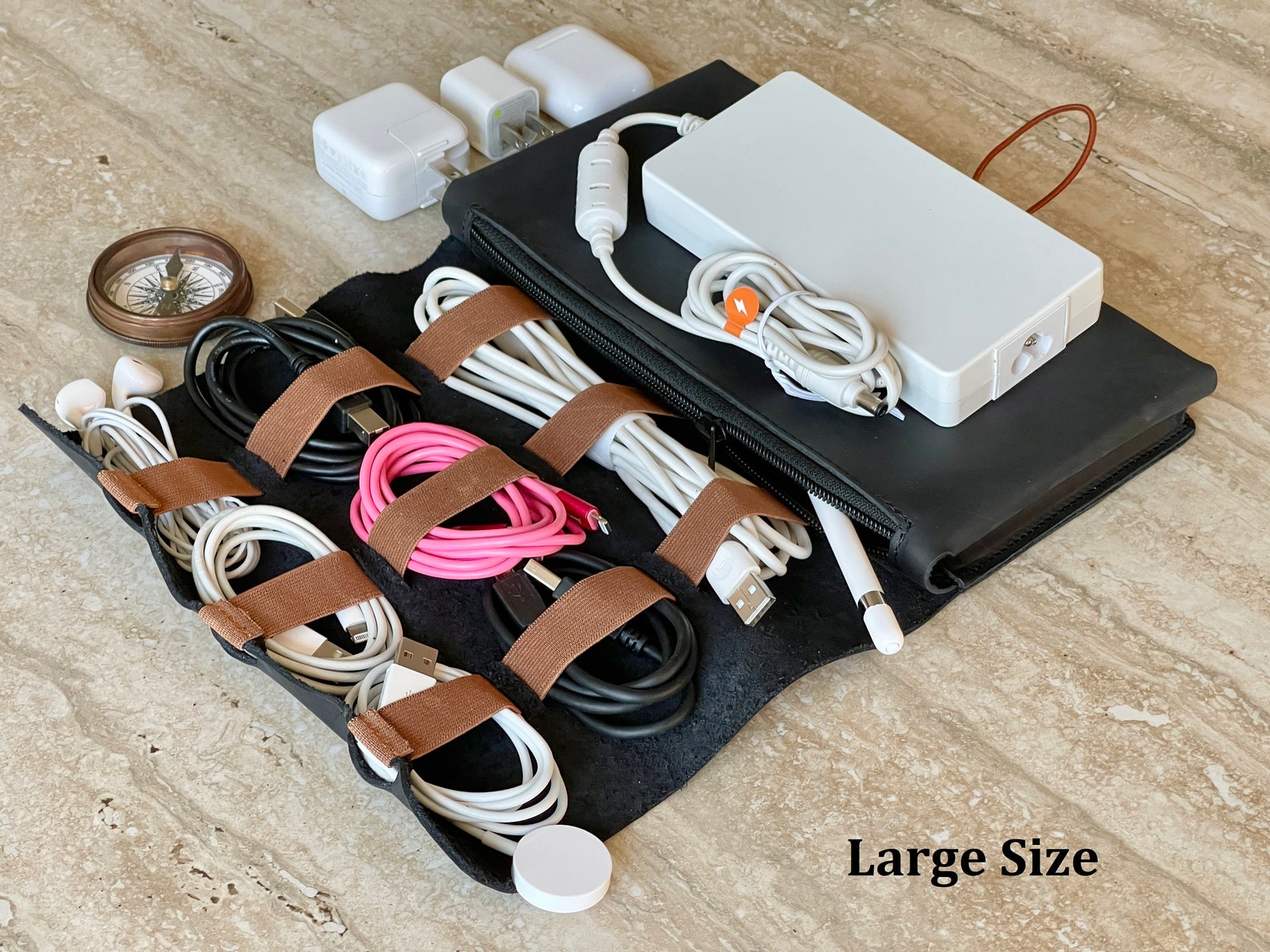 Leather Cable and Charger Organizer Bag, Handmade Cord Organizer ...