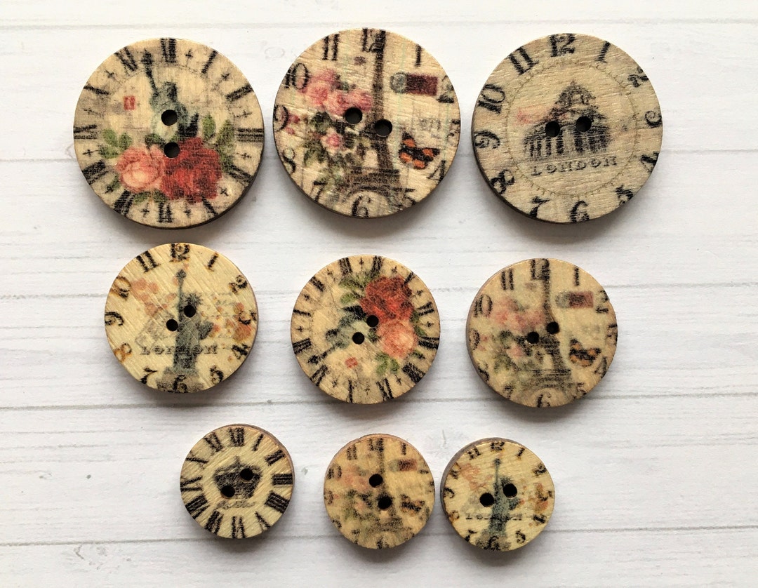 15/20/25mm VINTAGE STYLE Wooden Clock Buttons, Round Vintage Design ...