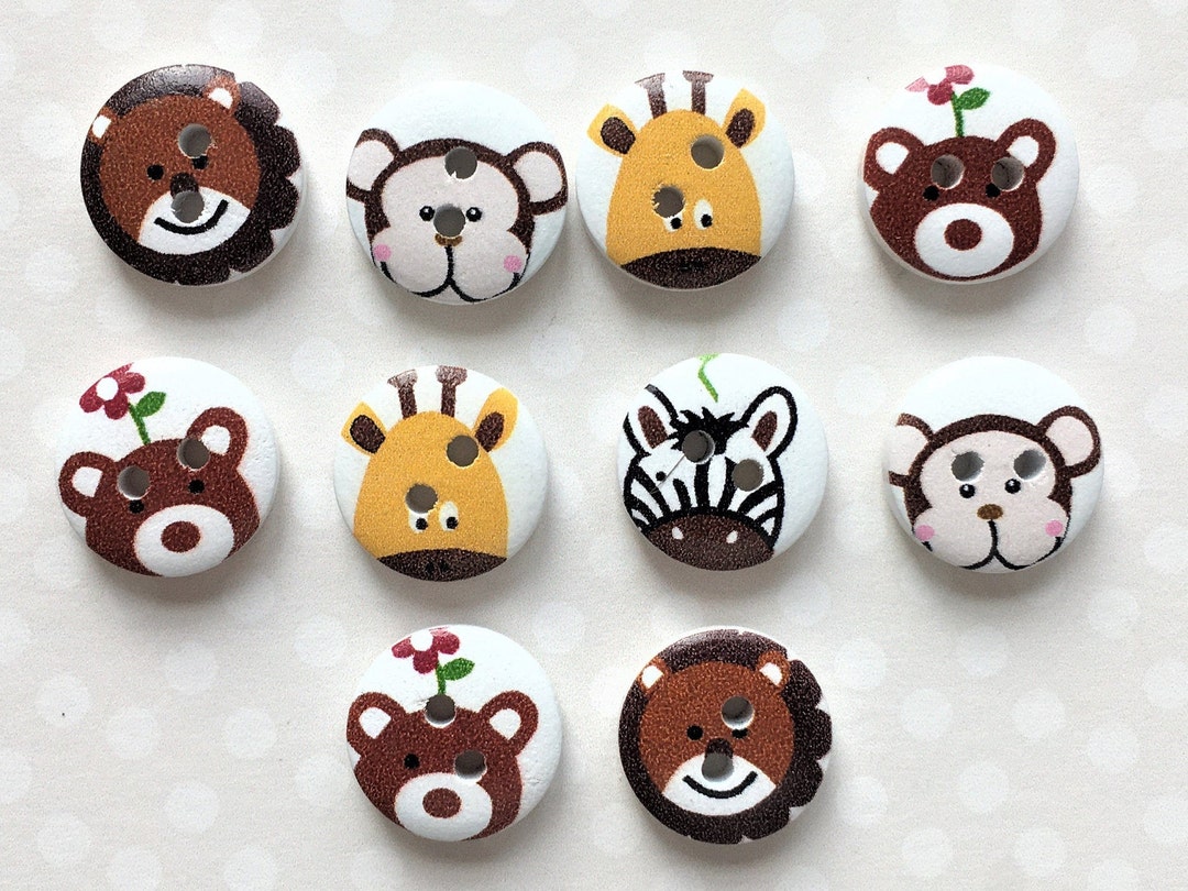 15 Mm WILD ANIMAL THEME Buttons Round X 10, Cute Little Wild Animal ...