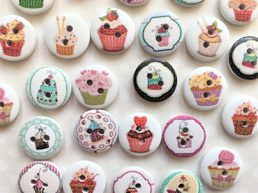 CUPCAKE BUTTONS 15 Mm X 10, Wooden Buttons, Cute Cake Buttons, Wooden ...