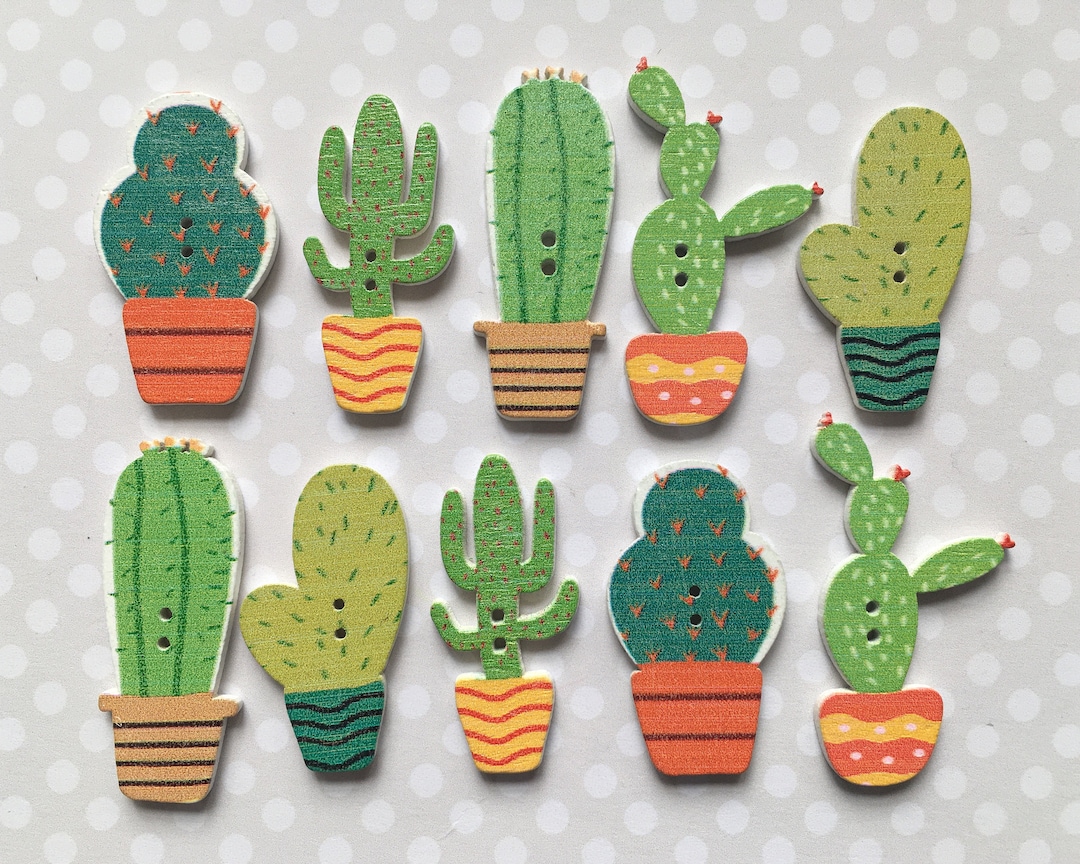 CACTI WOODEN BUTTONS X 10, Cute Cacti Wooden Buttons, Cacti Buttons ...
