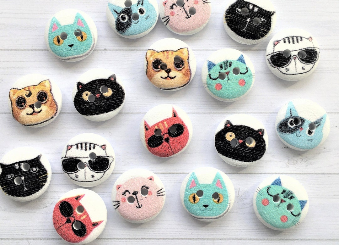 15mm CAT FACE BUTTONS X 10 , Cute Wooden Cat Buttons, Cat ...