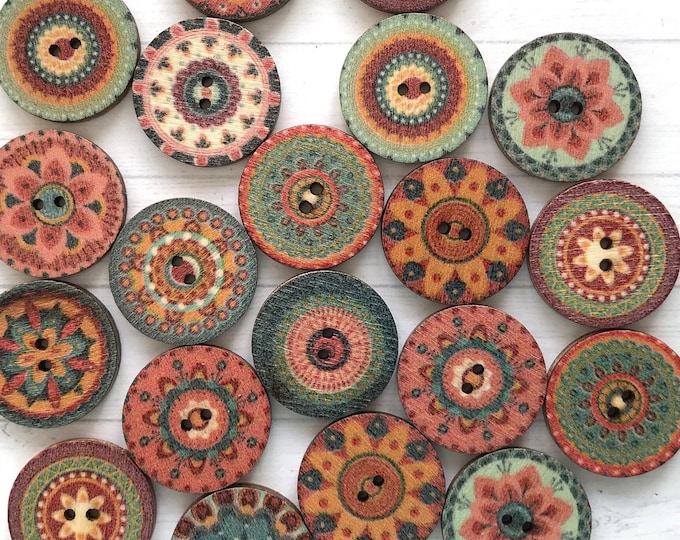 ETHNIC WOODEN BUTTONS 20 Mm/15mm X 10, Beautiful Bohemian Style Wooden ...
