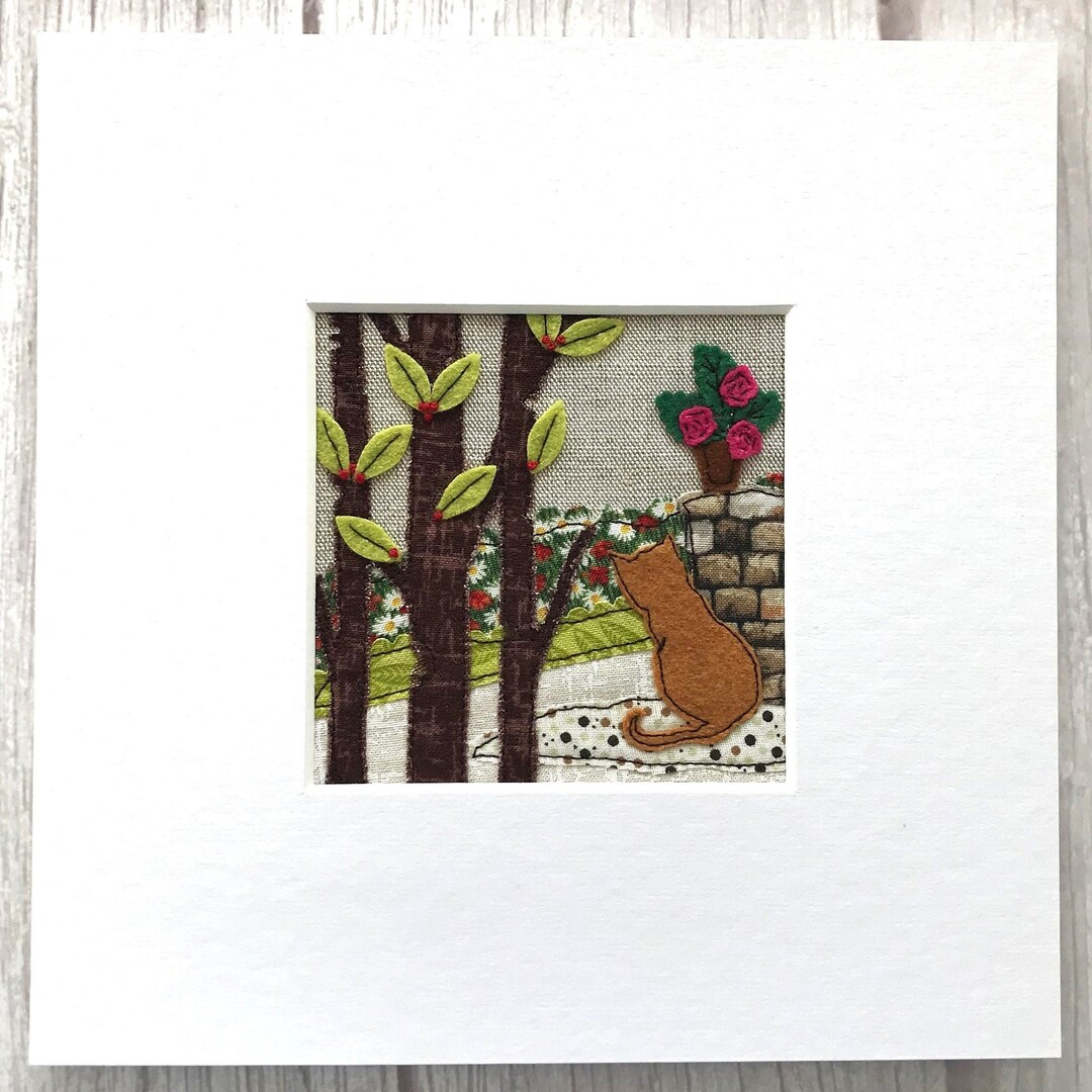 Cute Cat Textile Picture, Peeping Ginger Cat Mixed Media Textile ...