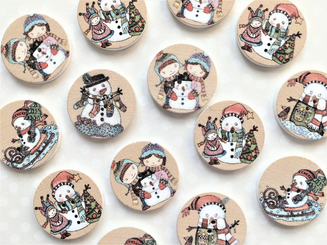 25mm CHRISTMAS BUTTONS LARGE X 6, Round Wooden Xmas Buttons, Snowman ...