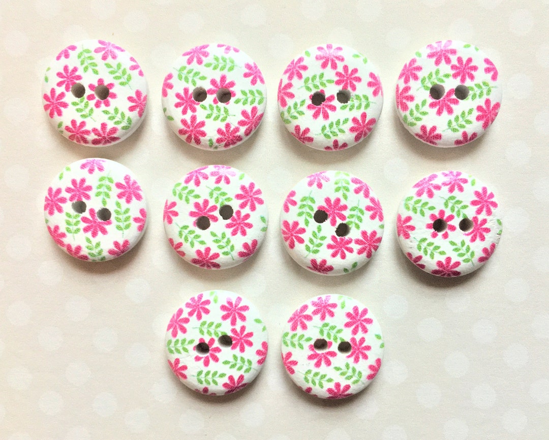15 Mm PINK FLOWER BUTTONS X10, Round Pink Daisy Buttons, Pretty Wooden ...