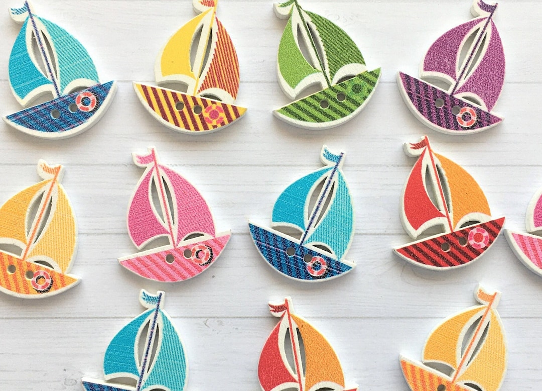 NAUTICAL BUTTONS 30mm X 25mm, 6 X Cute Sailing Boat Buttons, Wooden ...