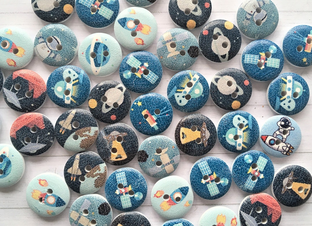 15 Mm SPACE THEMED BUTTONS X 10, Round Wooden Spaceship Buttons, Mixed ...