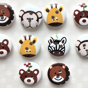 15 Mm WILD ANIMAL THEME Buttons Round X 10, Cute Little Wild Animal ...