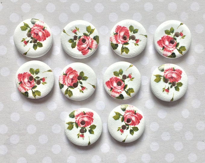 15 Mm ROSE BUTTONS X10 Round Pink Rose Buttons Pretty Wooden | Etsy
