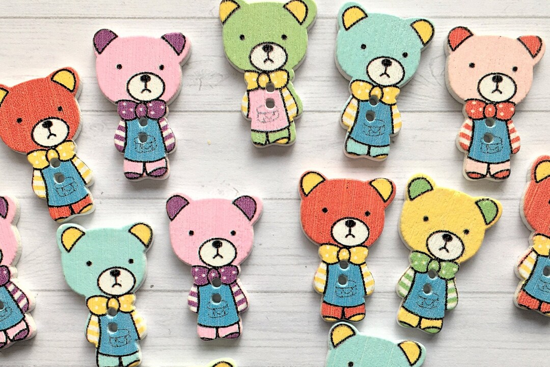 5 X LARGE BEAR (dressed) BUTTONS, Cute Wooden Teddy Bear Buttons ...