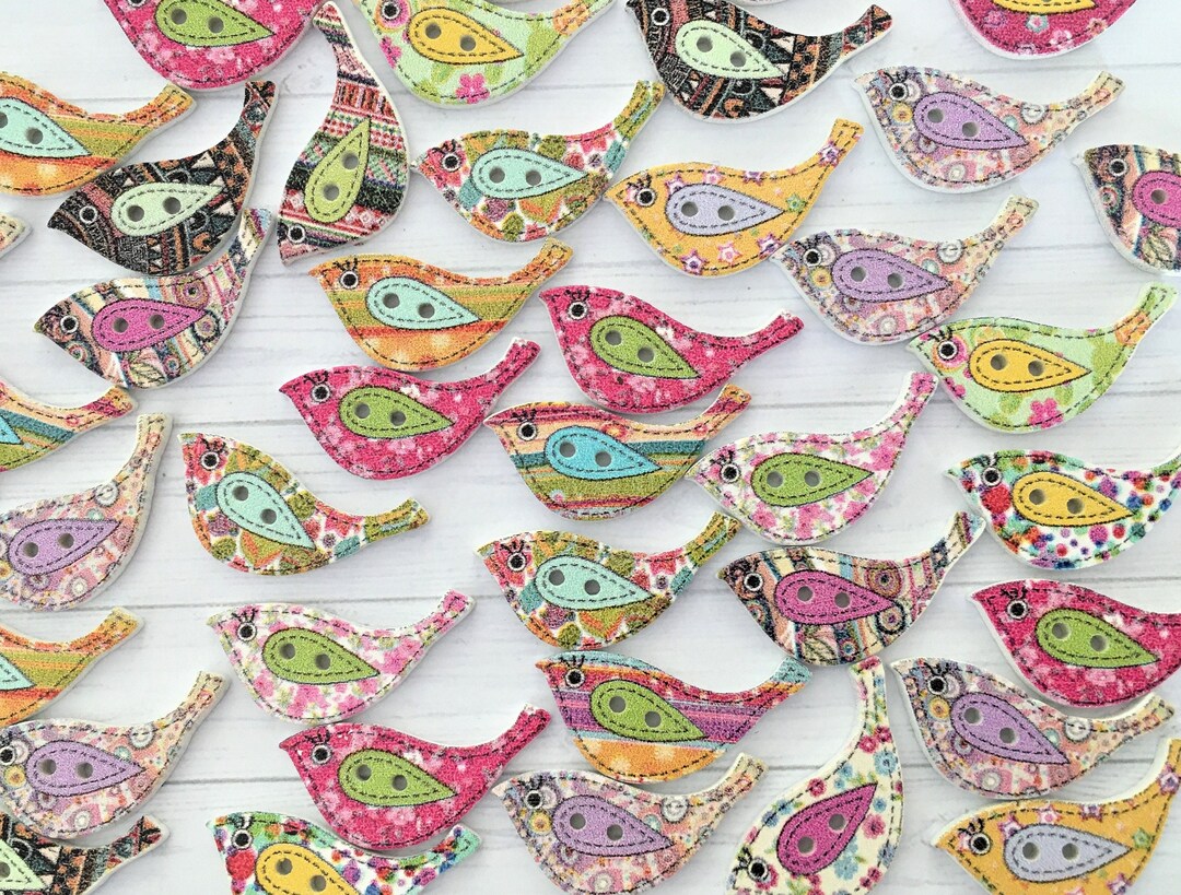 BIRD BUTTONS X 10, Cute Bird Buttons, Painted Wooden Bird Buttons ...