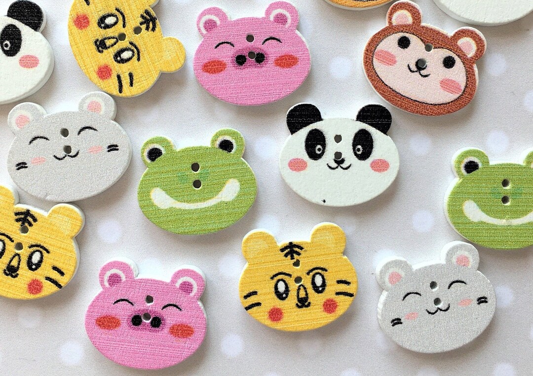 ANIMAL FACE Buttons X 9, Cute Animal Face Panda, Pig, Frog, Bear Cat ...