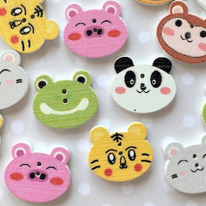 ANIMAL FACE Buttons X 9, Cute Animal Face Panda, Pig, Frog, Bear Cat ...